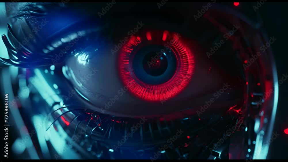 Close-up eye of evil skeleton robot in metal armor. Skull of futuristic ...