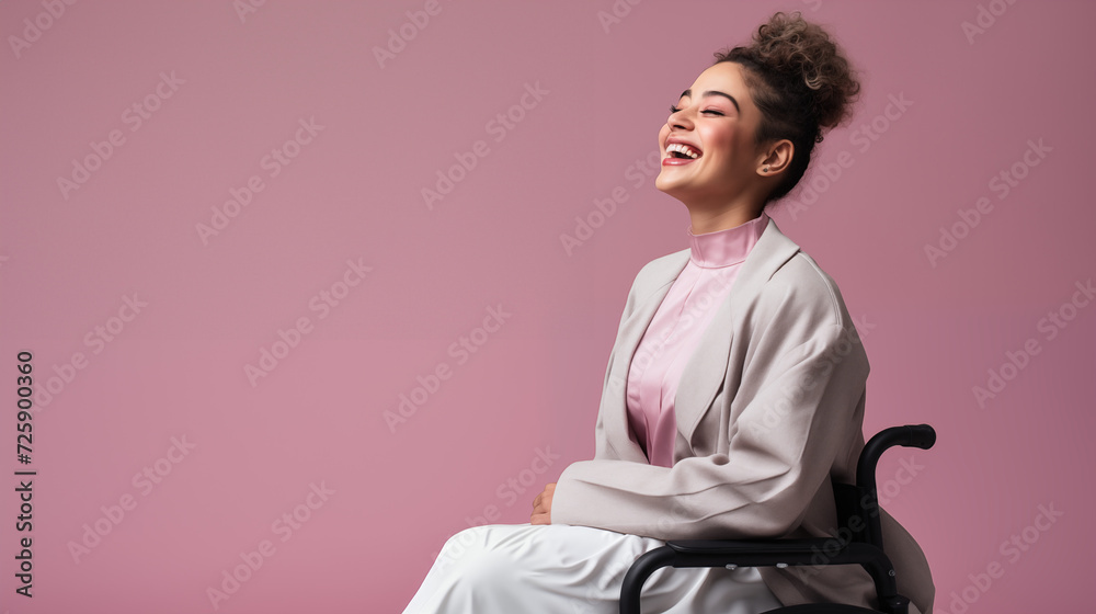 Beautiful disabled woman in a wheelchair smiling on a pink plain ...