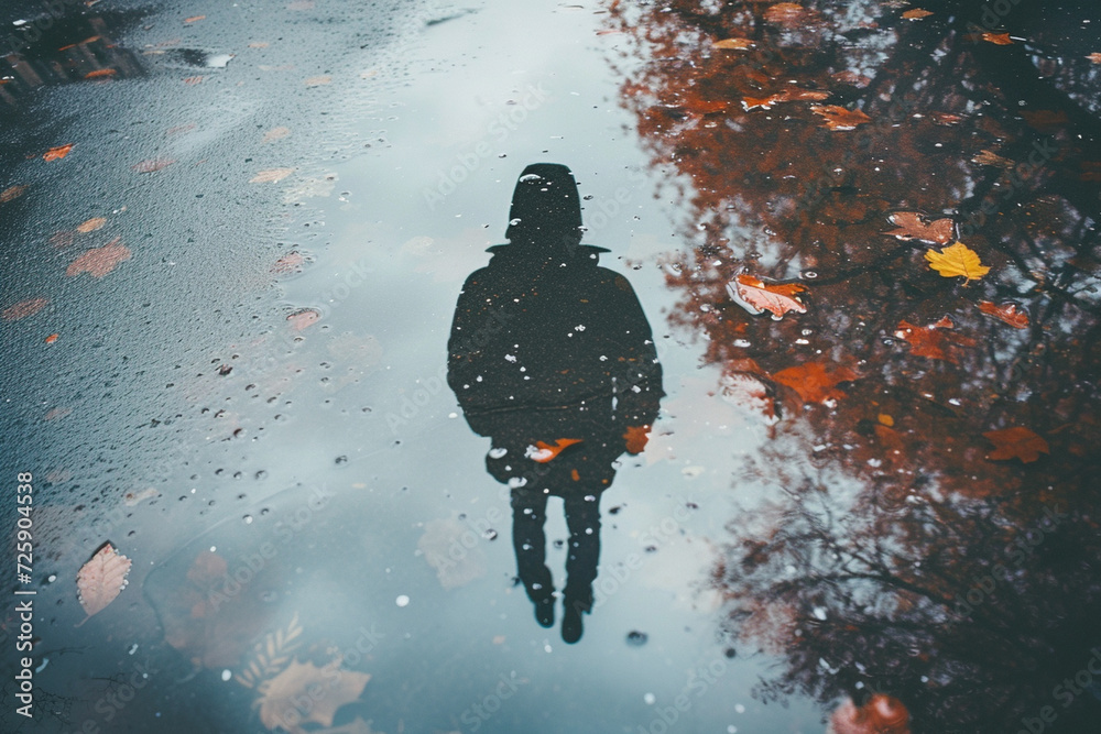 reflection of a person in a puddle, emphasizing the distorted self ...