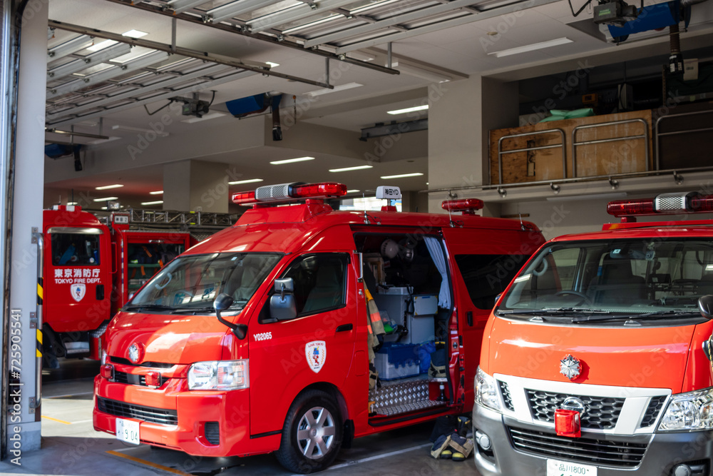 Tokyo, Japan, 30 October 2023: Fire trucks parked inside the Kanda Fire ...