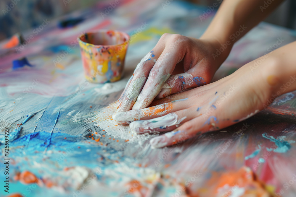 Hands molding clay or painting on a canvas, demonstrating the use of ...