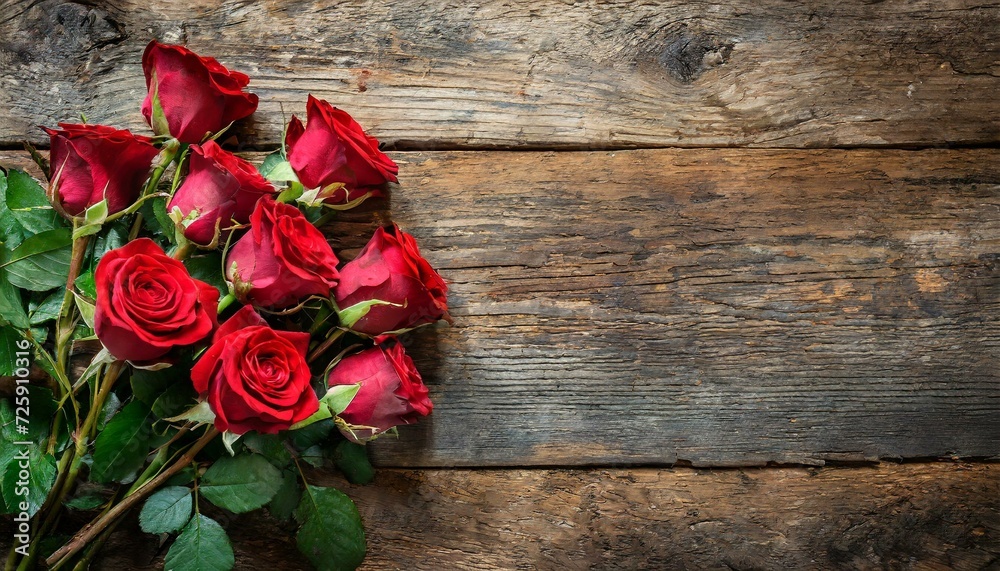 Bouquet de roses rouges, romantique sur un fond de planches en bois ...