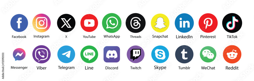 Latest updated social media or social network apps icon set, X, Threads ...