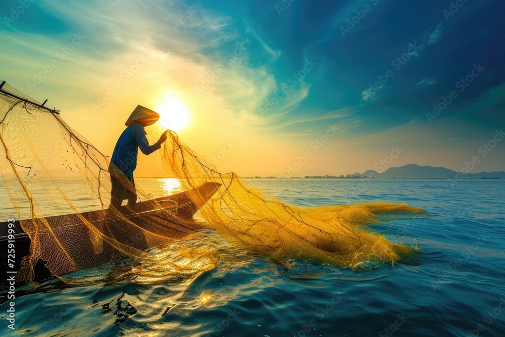 Fisherman putting the fishing net into the water. He is standing on his ...