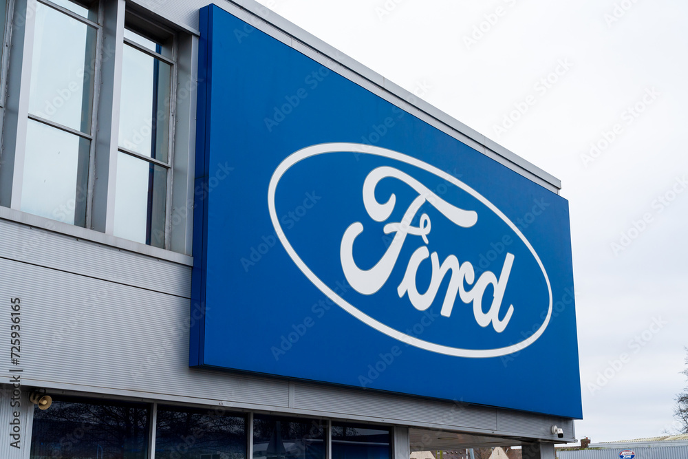 Wolverhampton, England – January 31 2024: Large front signage of a Ford ...