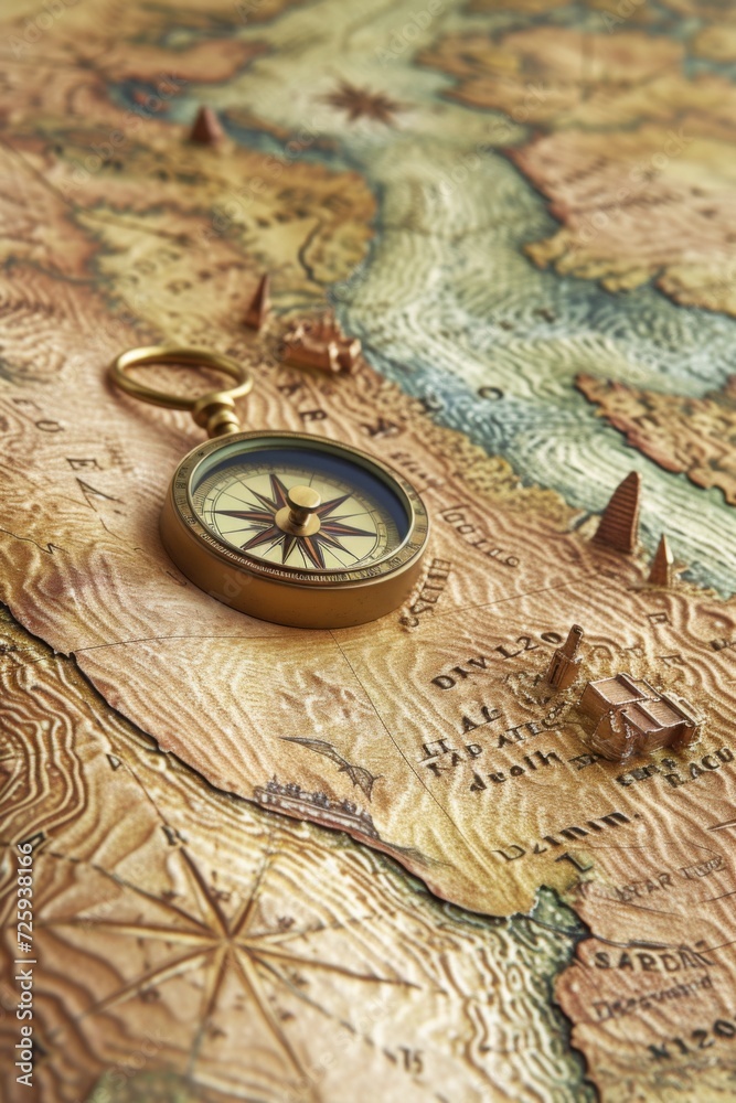Macro shot banner of a map and compass, with a detailed, realistic ...