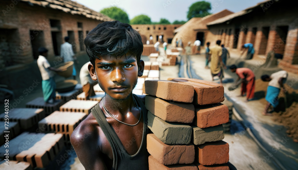 Forced child labor in India.A Indian boy works in a brick making ...
