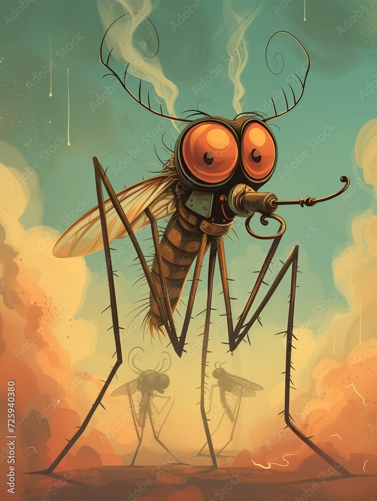 Funny cartoon illustration of a mosquito soldier wearing gas mask ...