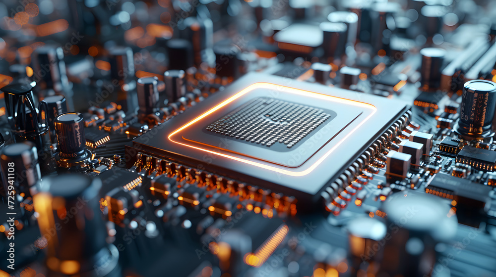 A computer chip being manufactured in a factory. Microchips are made by ...