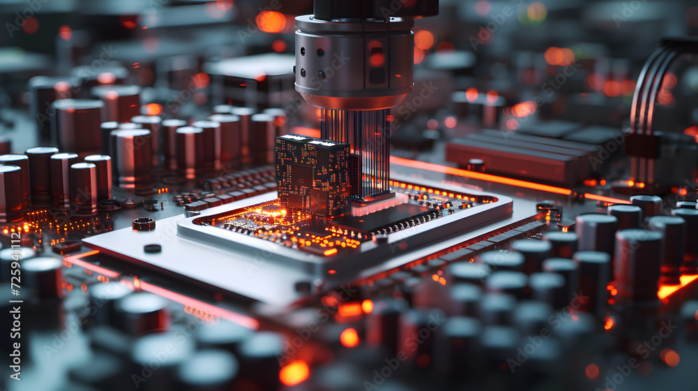 A computer chip being manufactured in a factory. Microchips are made by ...