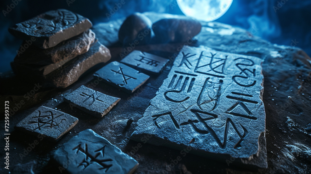 A set of ancient runes and symbols laid out on a stone table, under the ...