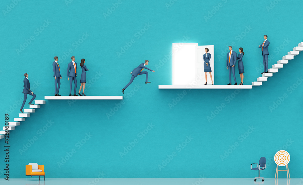 Businessman taking a risk, jumping between platforms in order to get ...