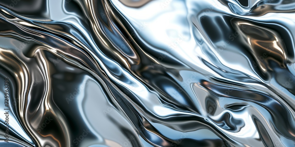 Abstract liquid mercury pools, with shiny, metallic blobs merging and ...