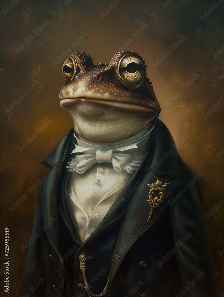 charming toad dressed up like a human for an oil painting portrait in ...