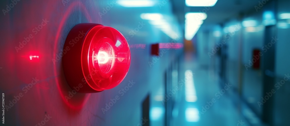 Wall-mounted fire protection system with red strobe light fire alarm ...