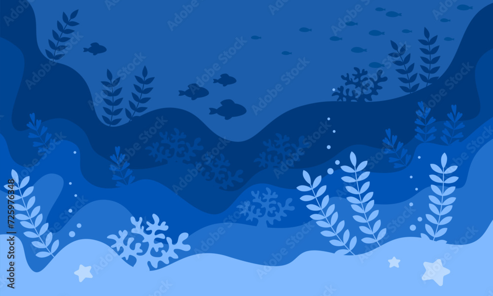 Ocean. Sea underwater background. Ocean bottom with seaweeds. Vector ...