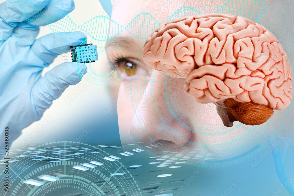Neurotechnology Advancements, Electronic chip, bug in scientist's hand ... Neurotechnology Advancements, Electronic chip, bug in scientist's hand ...