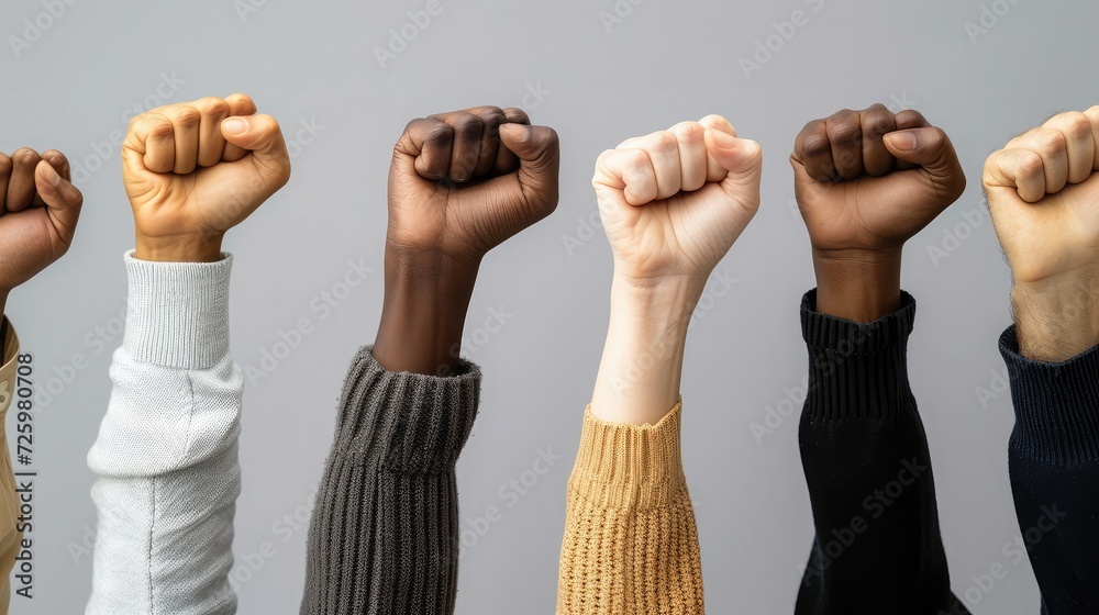 Hands of different people, of diverse race, skin color, gender raising ...