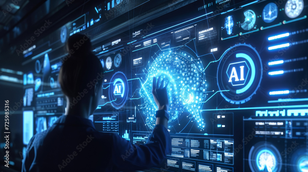 Researcher works with artificial intelligence control panel in dark ...