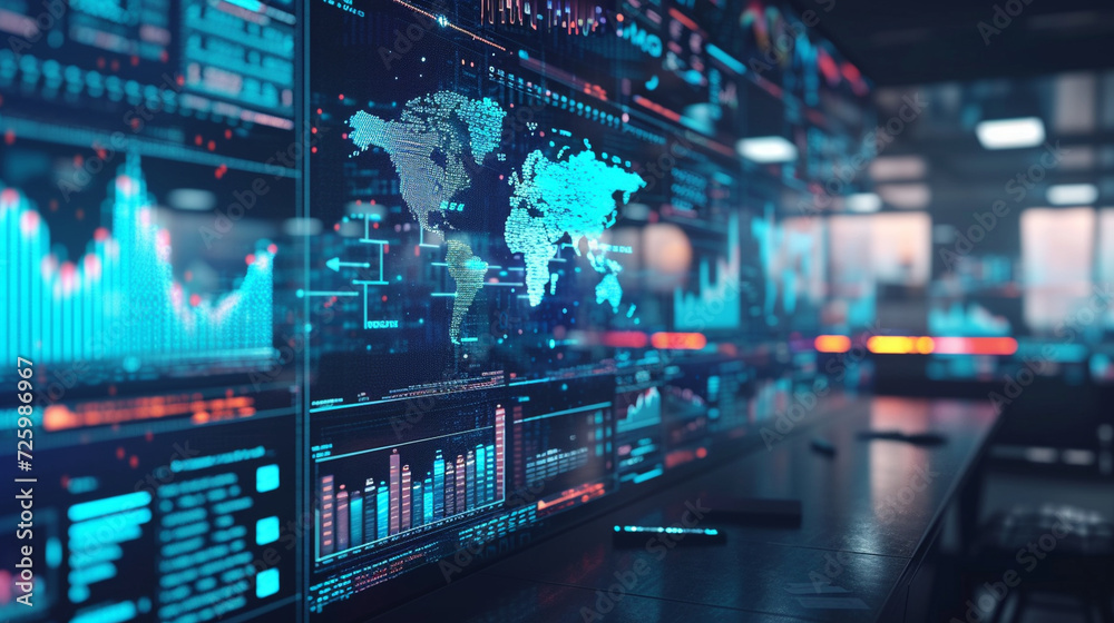 A collaborative workspace with digital screens showing real-time cloud computing analytics and ...