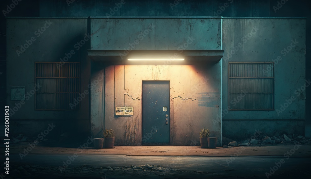 Corner of a grungy commercial building with closed rusty doors and ...