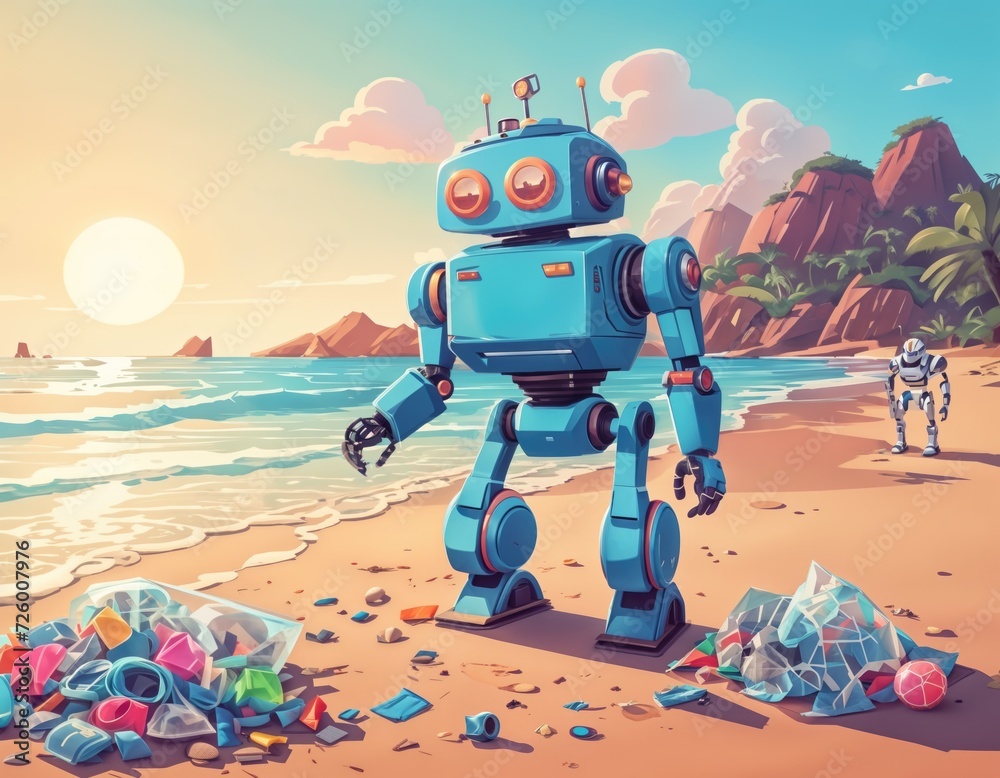 cartoon robot is standing on a beach, looking at a pile of trash Stock ...
