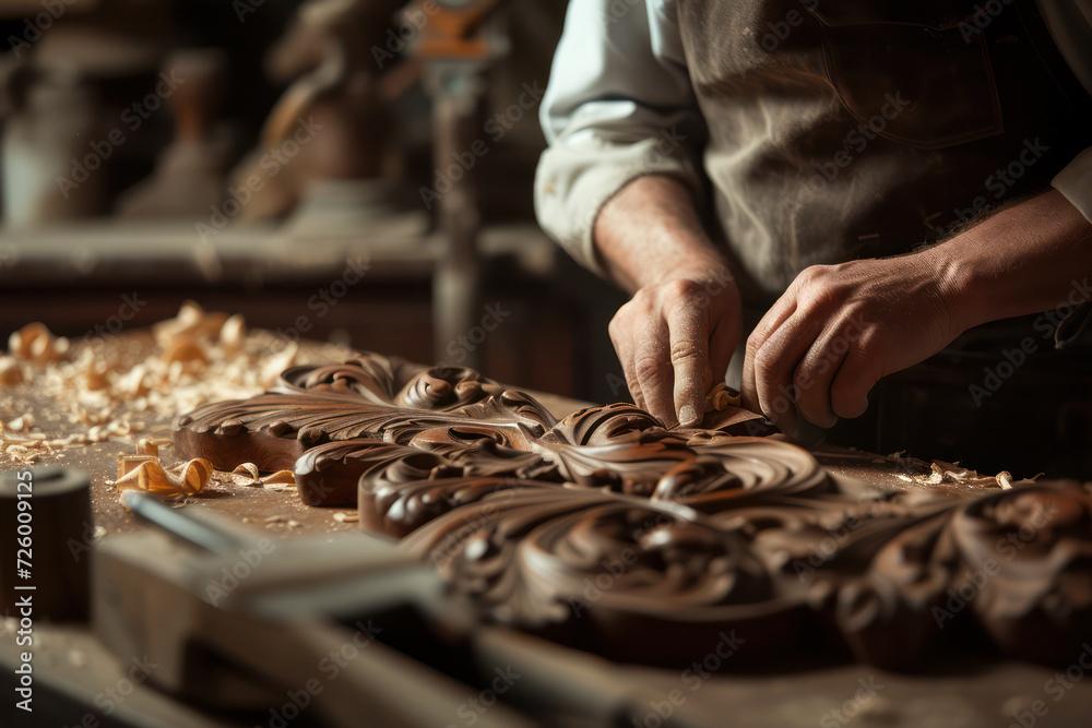 Artisan hand-carving intricate patterns into wooden surfaces amidst ...