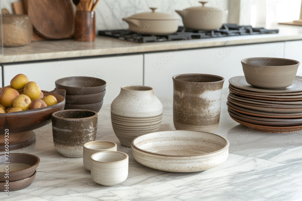 Assorted ceramic pottery displayed on kitchen countertops, including ...
