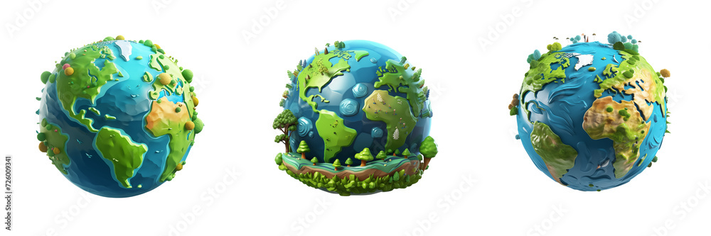 Set of cartoon planet Earth from different angles on a transparent ...
