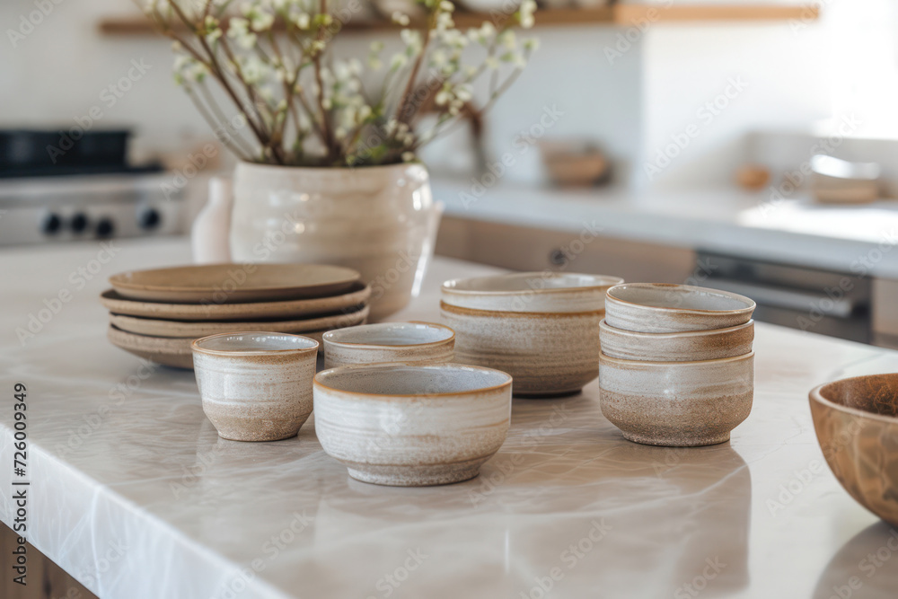 Elegant pottery bowls and plates are neatly arranged on a modern ...