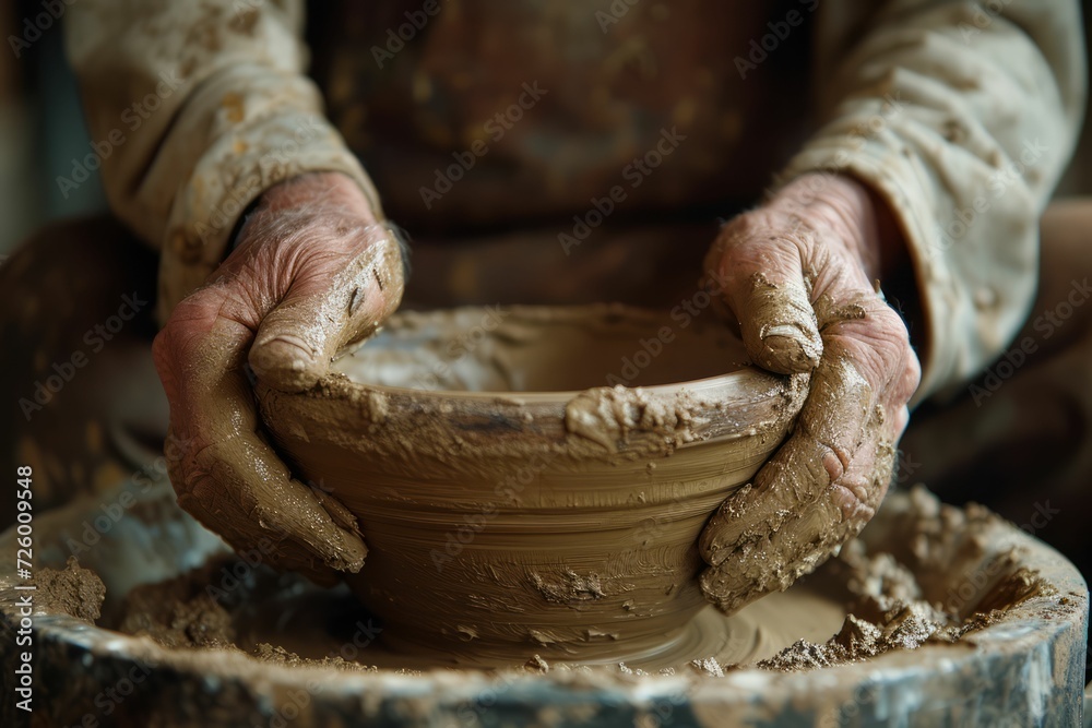 Craftsman skillfully shaping wet clay on a pottery wheel, hands ...