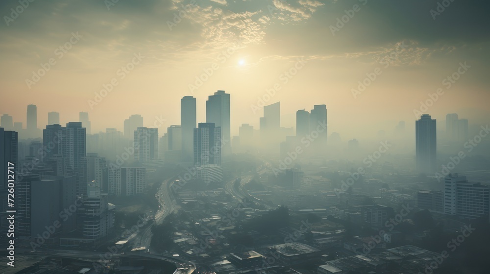 City center view with atmospheric skyscrapers full of dust, air ...