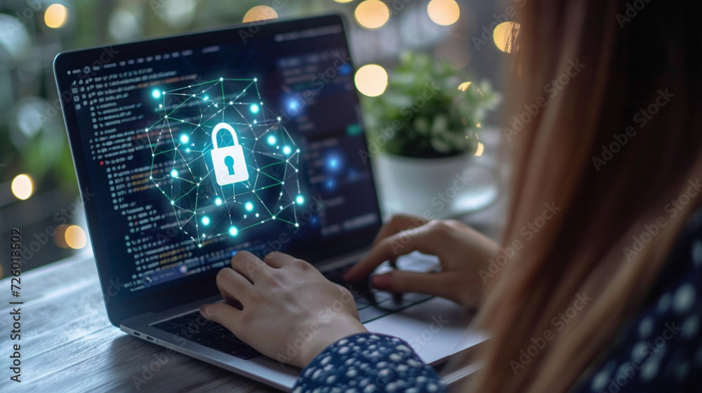 Cybersecurity concept back view woman typing coding and key lock icon ...