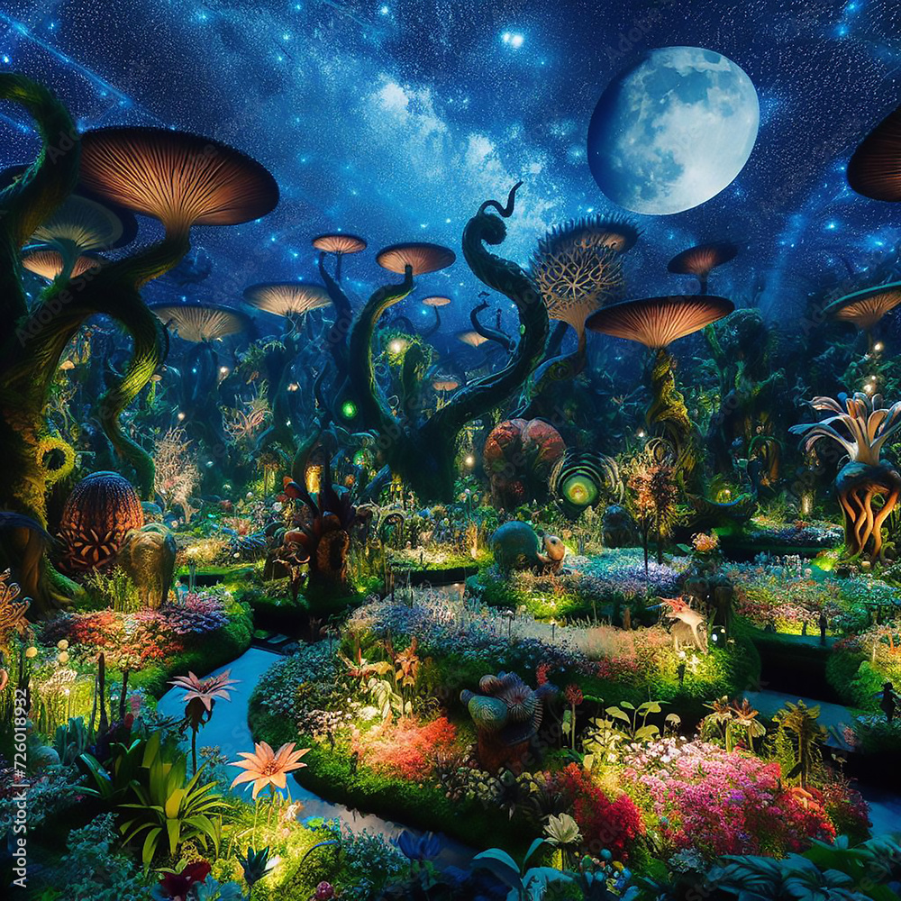 Gardens filled with otherworldly plants, flowers, and creatures under a ...