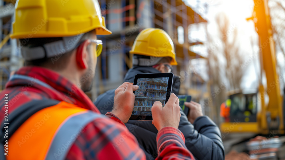 A team of construction workers with tablets overseeing and assessing ...