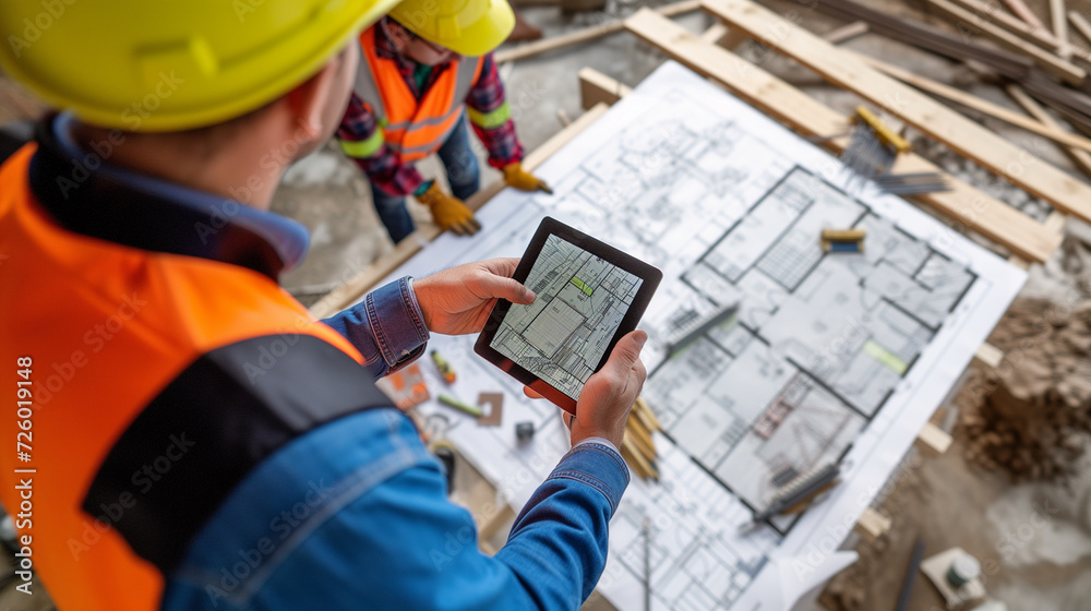 A team of construction workers with tablets overseeing and assessing ...