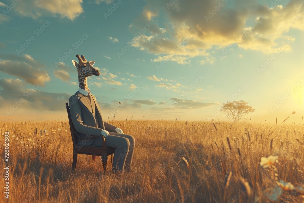 A giraffe wearing a suit, sitting on an old chair, in a meadow, on a ...