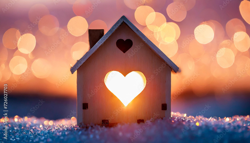 Miniature house with heart shape window on sunset background. Sweet ...