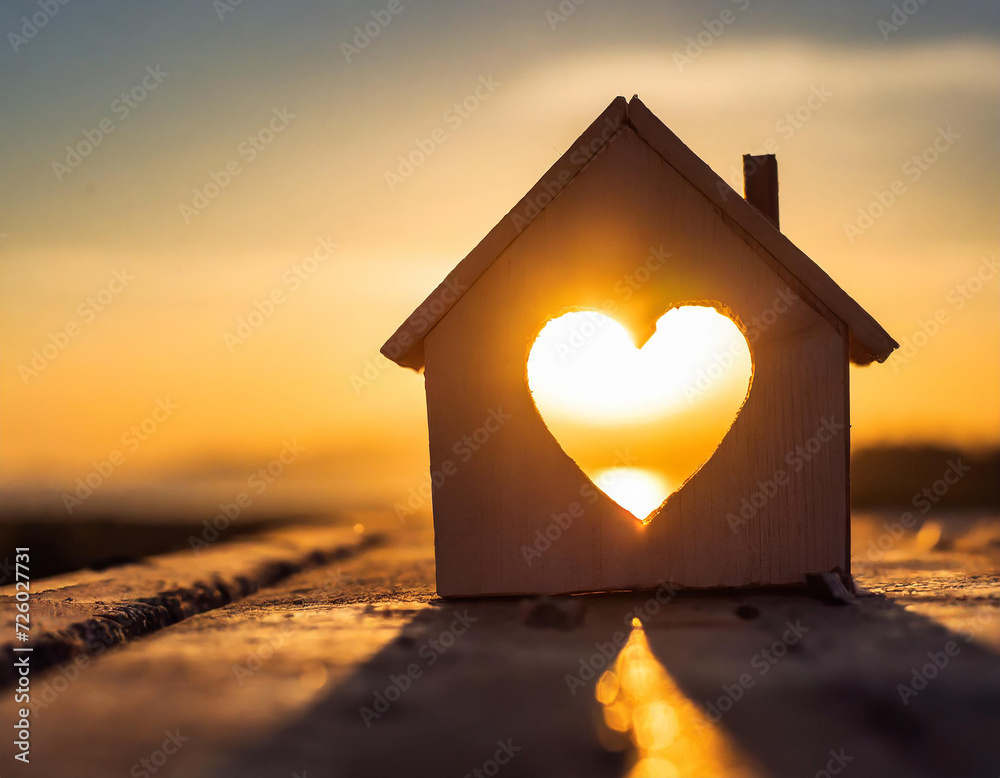 Miniature house with heart shape window on sunset background. Sweet ...