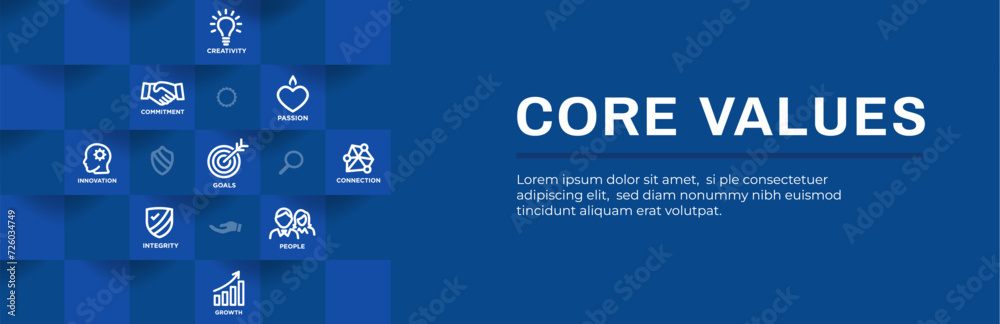 Core Values Web Header Banner with Integrity Mission and Vision Icons ...