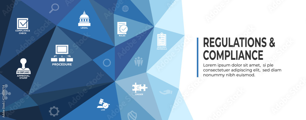 Regulations and Compliance Web Header Banner with Icon Set ...