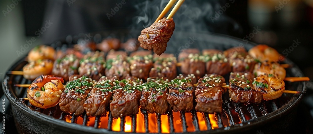 barbecue party in the Japanese style. Grasping Wagyu beef and prawns ...