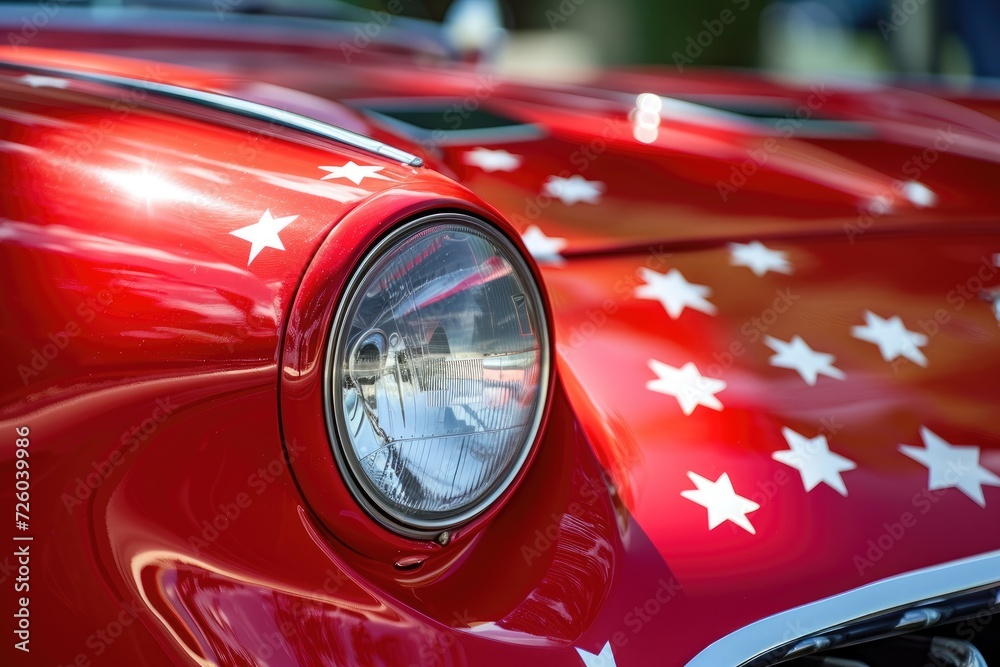 Headlights and hood of a sporty red car adorned with silver stars Stock ...