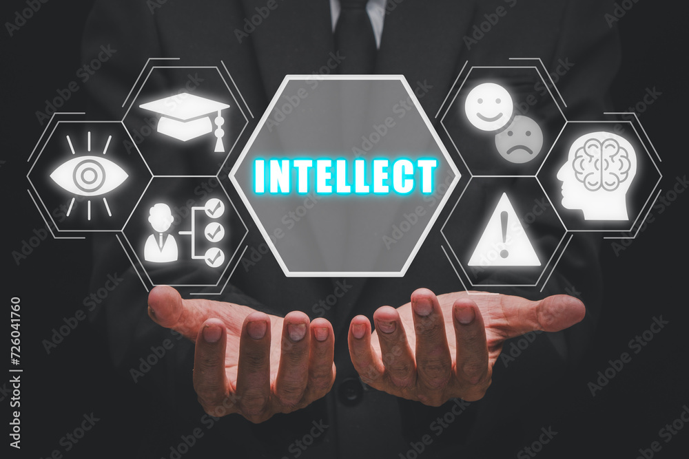 Intellect concept, Businessman hand holding intellect icon on virtual ...
