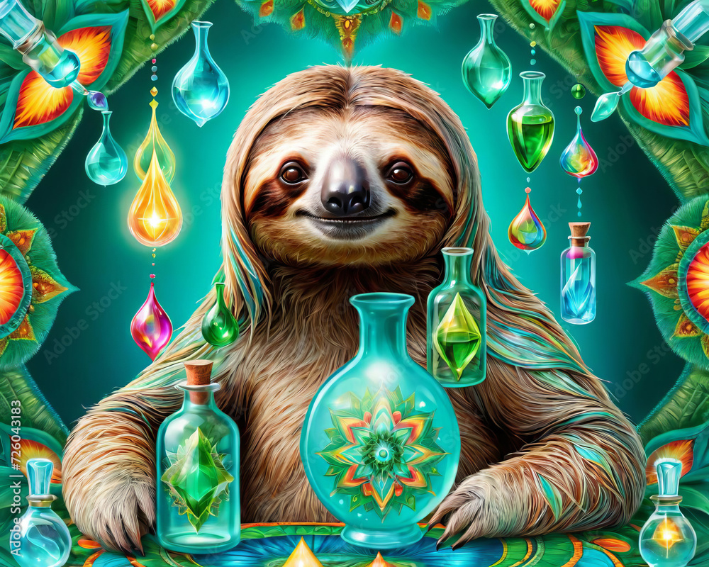Psychedelic Sloth with Potion Bottles and Mandala-Inspired Motifs Gen ...