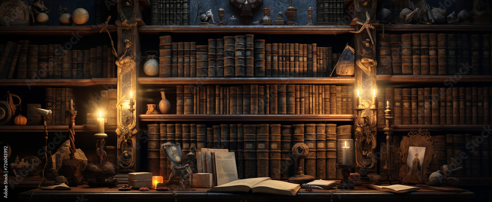 Ancient gothic library, dark and eerie library, magic medieval library ...
