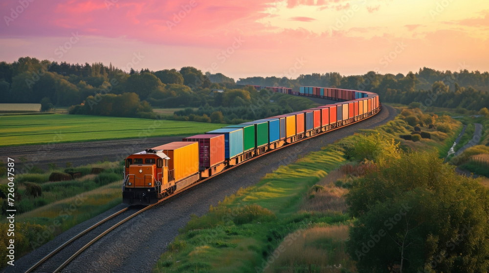 A train carrying rows of containers on its tracks showcasing the ...