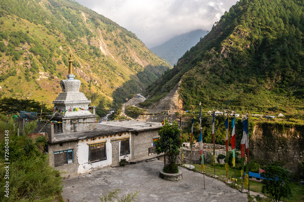 Tibetan Buddhist pagoda in Syabrubesi village a beautiful resident ...