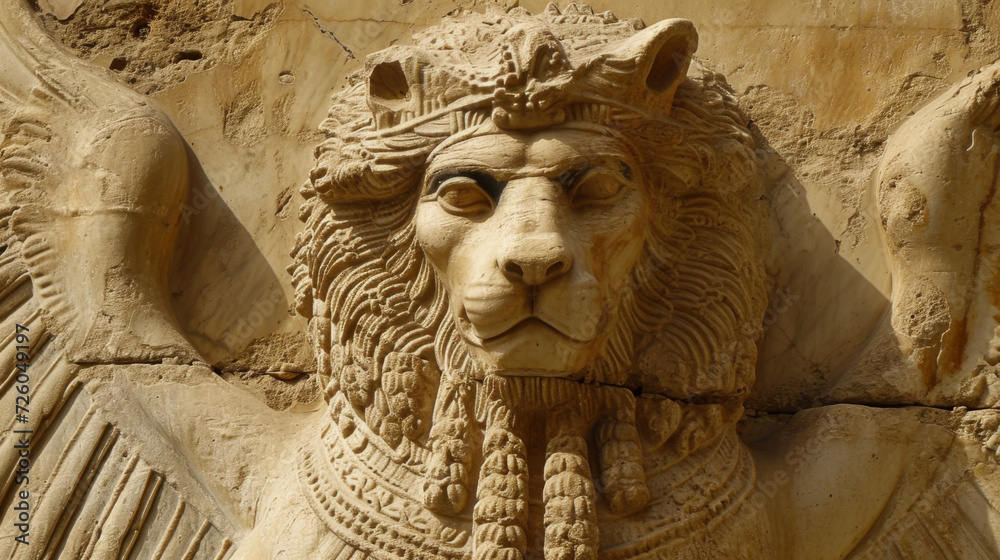 A winged lion with a human face representing the angels of the throne ...