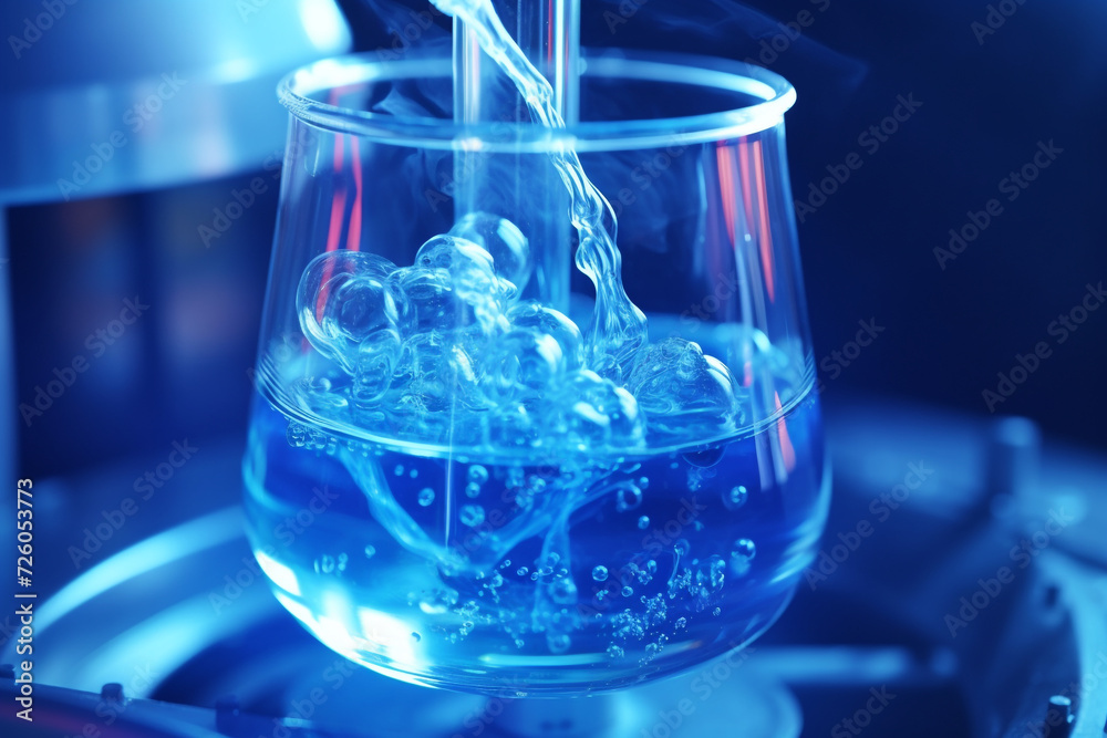 Chemical reaction of blue liquid in raduated cylinder in labolatory ...